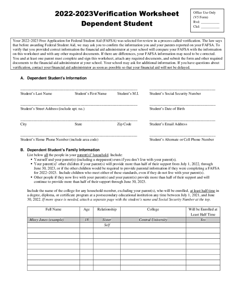 Fillable Online 2022-2023Verification Worksheet Dependent Student - Davis College Fax Email ...