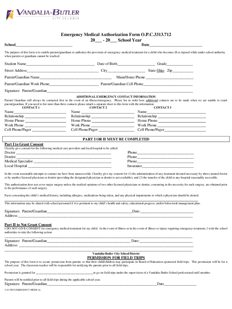 Fillable Online Emergency Med Auth Form 2010 Fax Email Print - pdfFiller