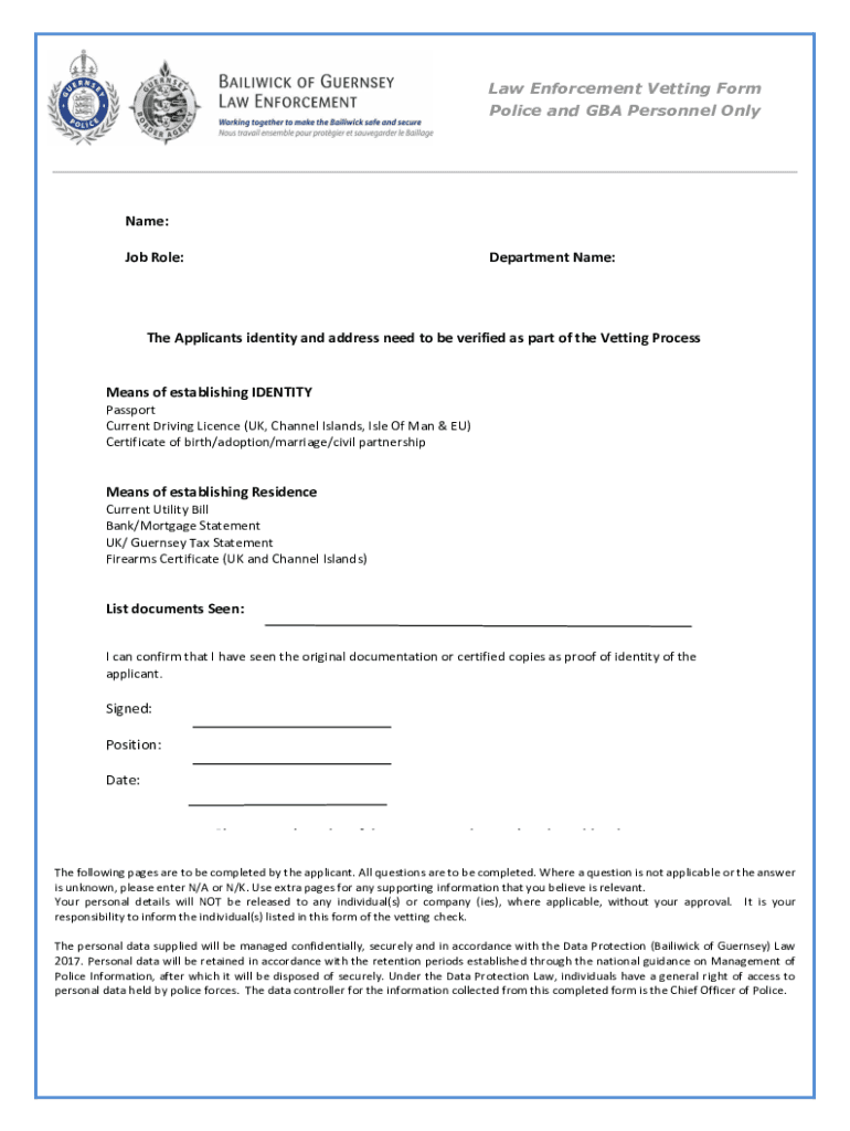 Fillable Online Law Enforcement Vetting Form - States of Guernsey Fax ...