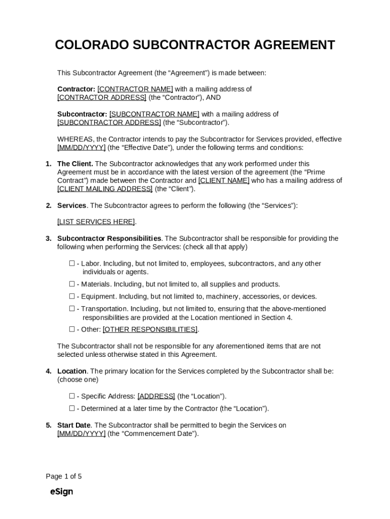 Colorado Subcontractor Agreement Template - eSign Doc Template | pdfFiller