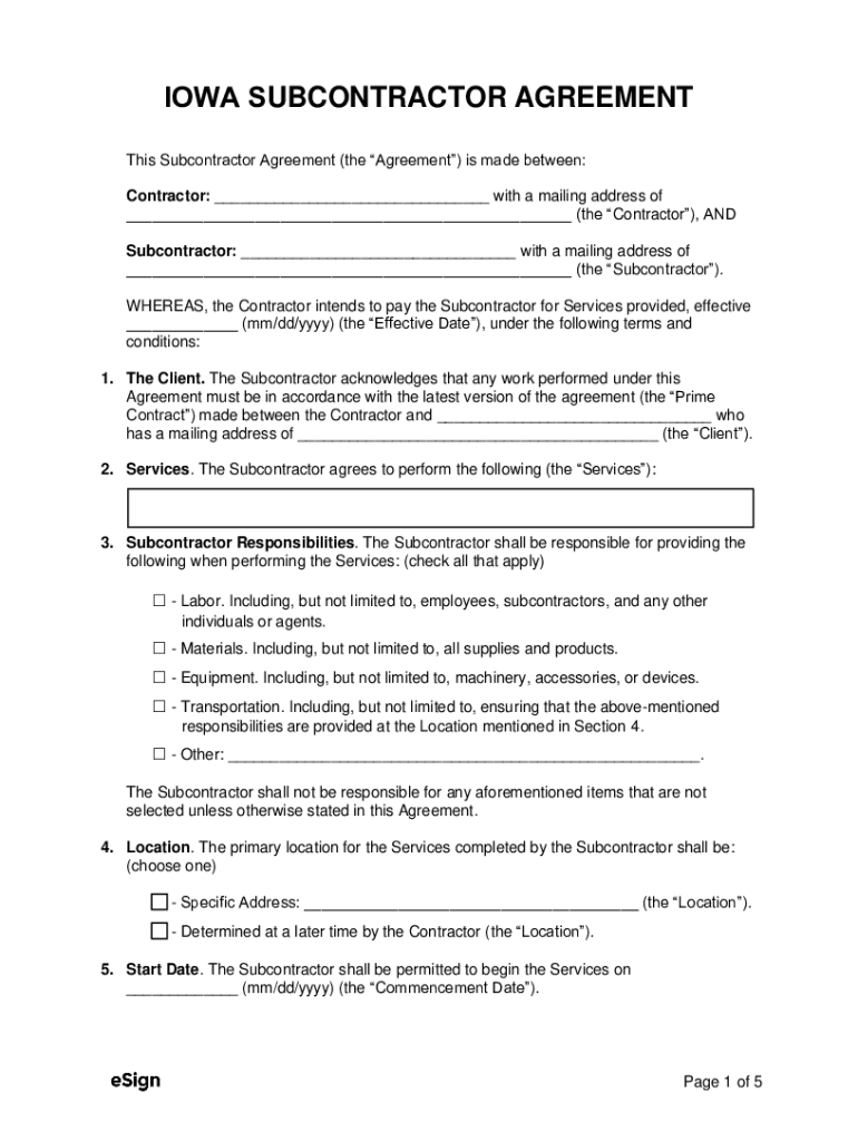 Fillable Online Iowa Subcontractor Agreement Template Fax Email Print ...