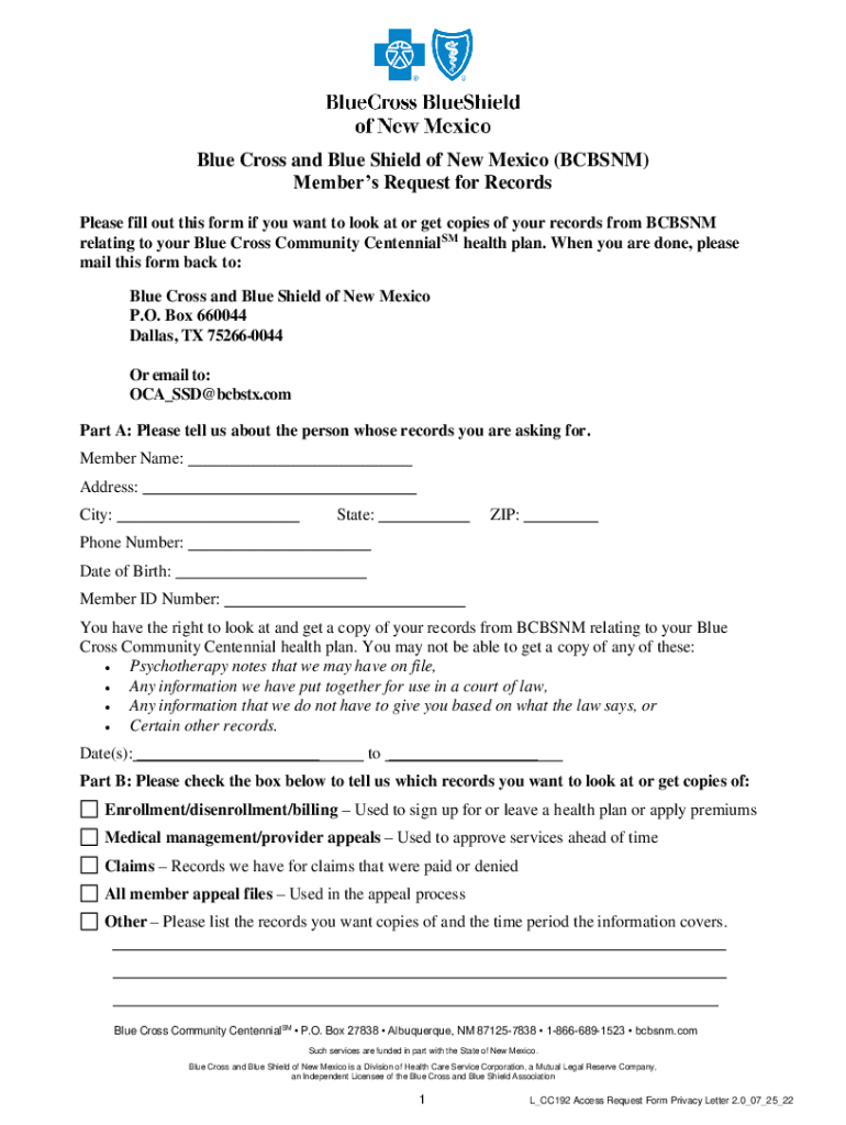 Fillable Online Blue Cross Community Centennial HIPAA Access Request ...
