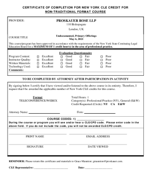 Fillable Online CERTIFICATE OF COMPLETION FOR NEW YORK CLE CREDIT FOR ...