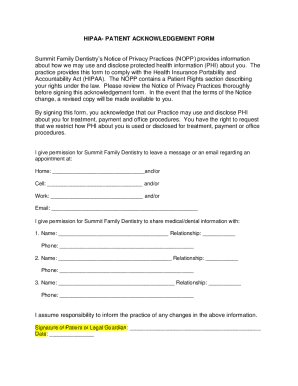 Fillable Online HIPAA- PATIENT ACKNOWLEDGEMENT FORM Summit Family ...