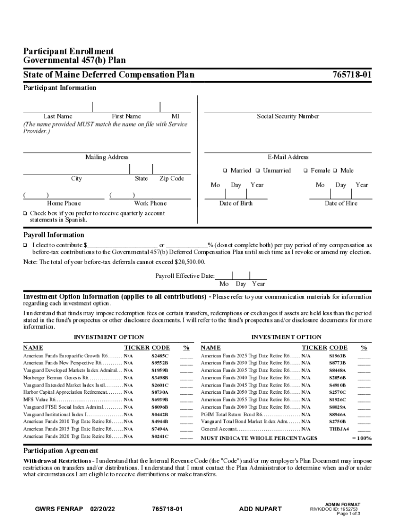 Fillable Online Participant Enrollment Governmental 457(b ... - Amazon ...