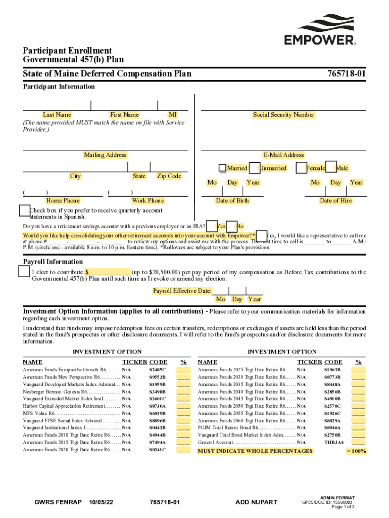 Fillable Online Participant Enrollment Governmental 457(b) Plan Fax ...