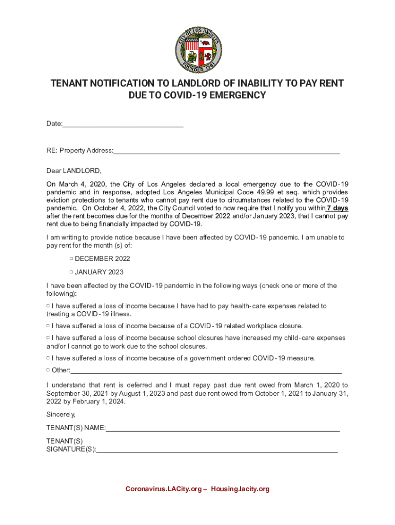 Fillable Online Sample Notice to Landlord of Inability to Pay Rent Due ...