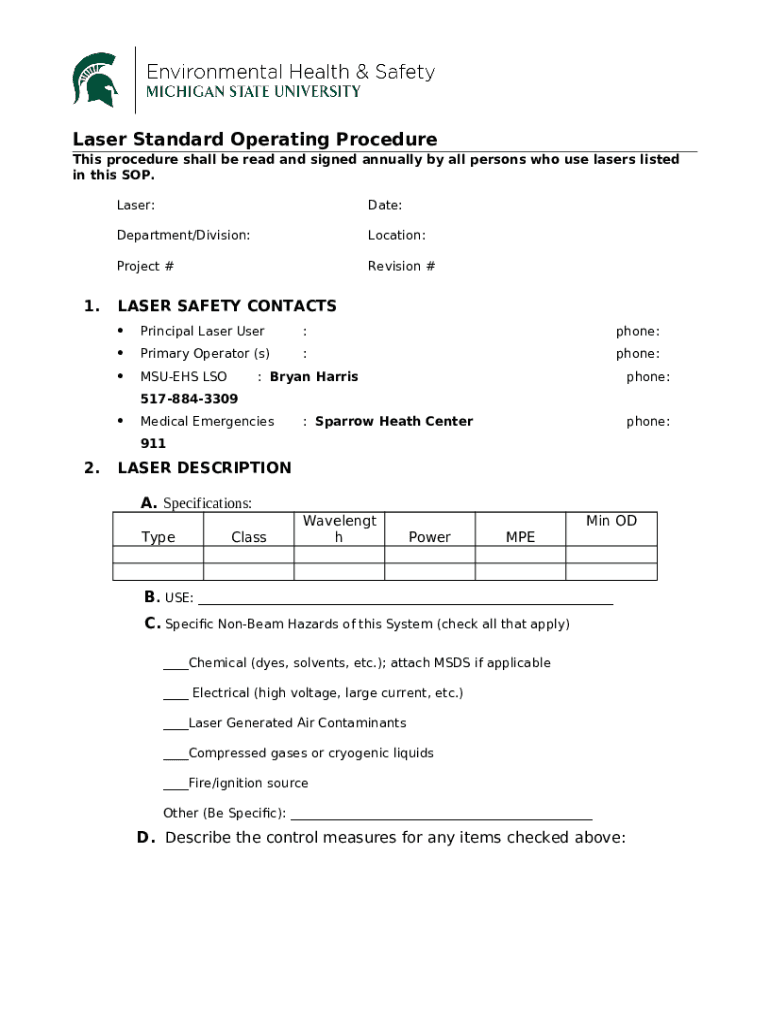 Laser Safety Standard Operating Procedures (SOP) Doc Template | pdfFiller