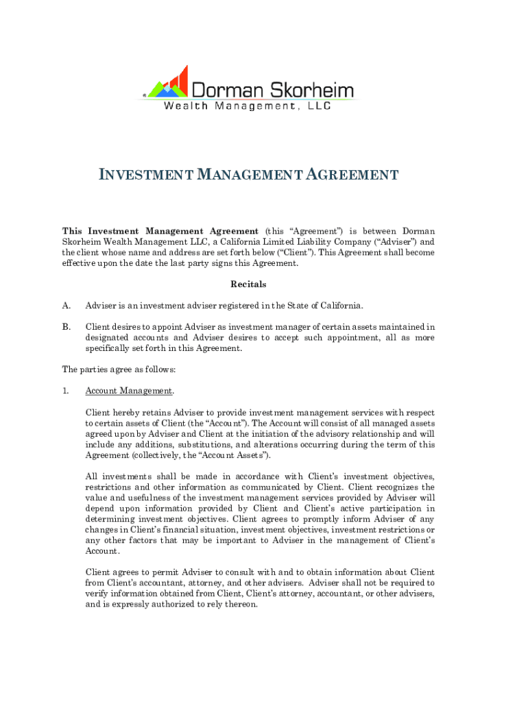 Fillable Online INVESTMENT MANAGEMENT AGREEMENT - Twenty Over Ten Fax ...