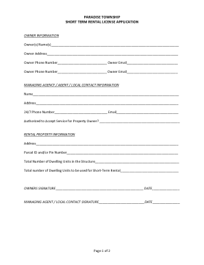 Fillable Online Short Term Rental License Application Paradise Township ...