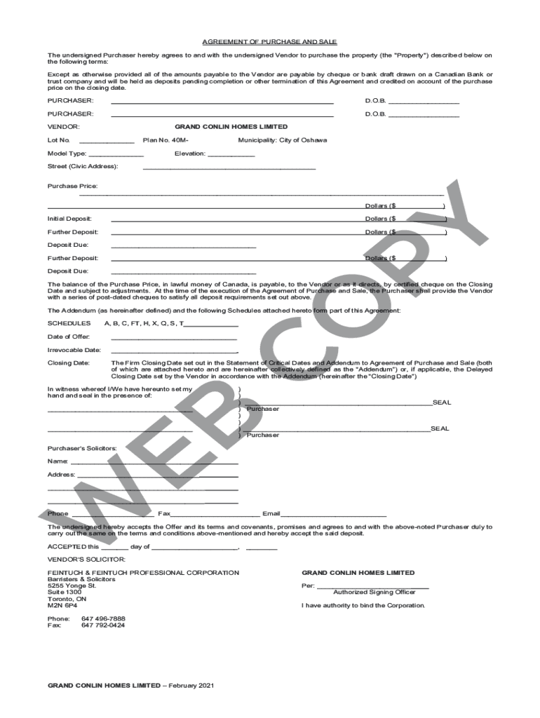 Fillable Online AGREEMENT OF PURCHASE AND SALE The undersigned ... Fax ...