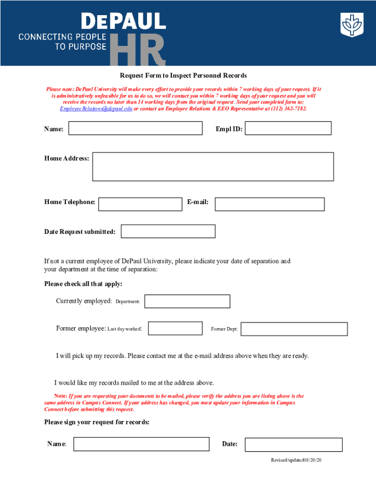Fillable Online offices depaul Request Form to Inspect Personnel ...