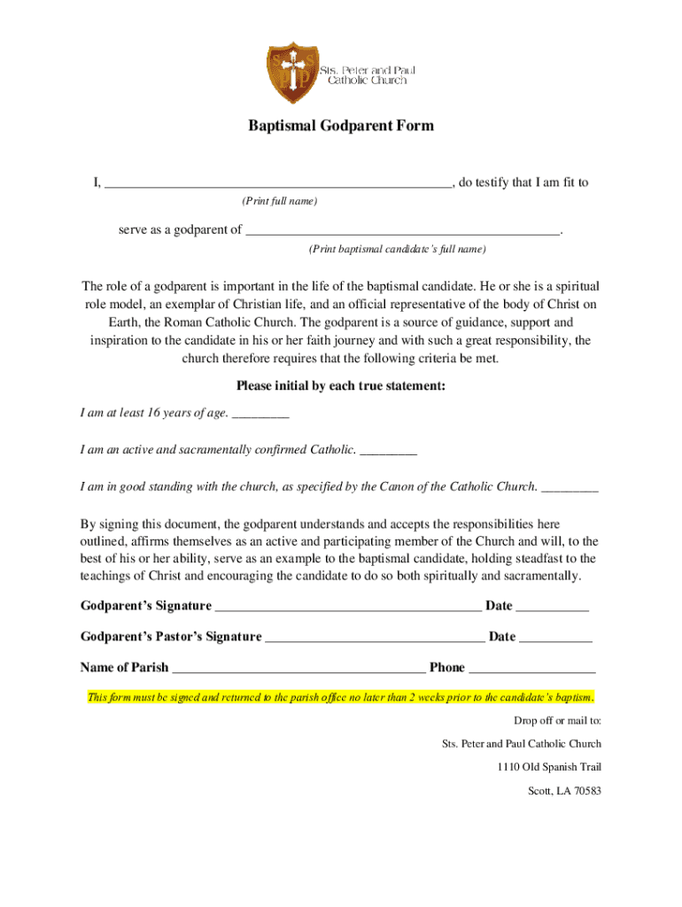 Fillable Online Baptism Godparents Form. - Immaculate Conception Fax ...