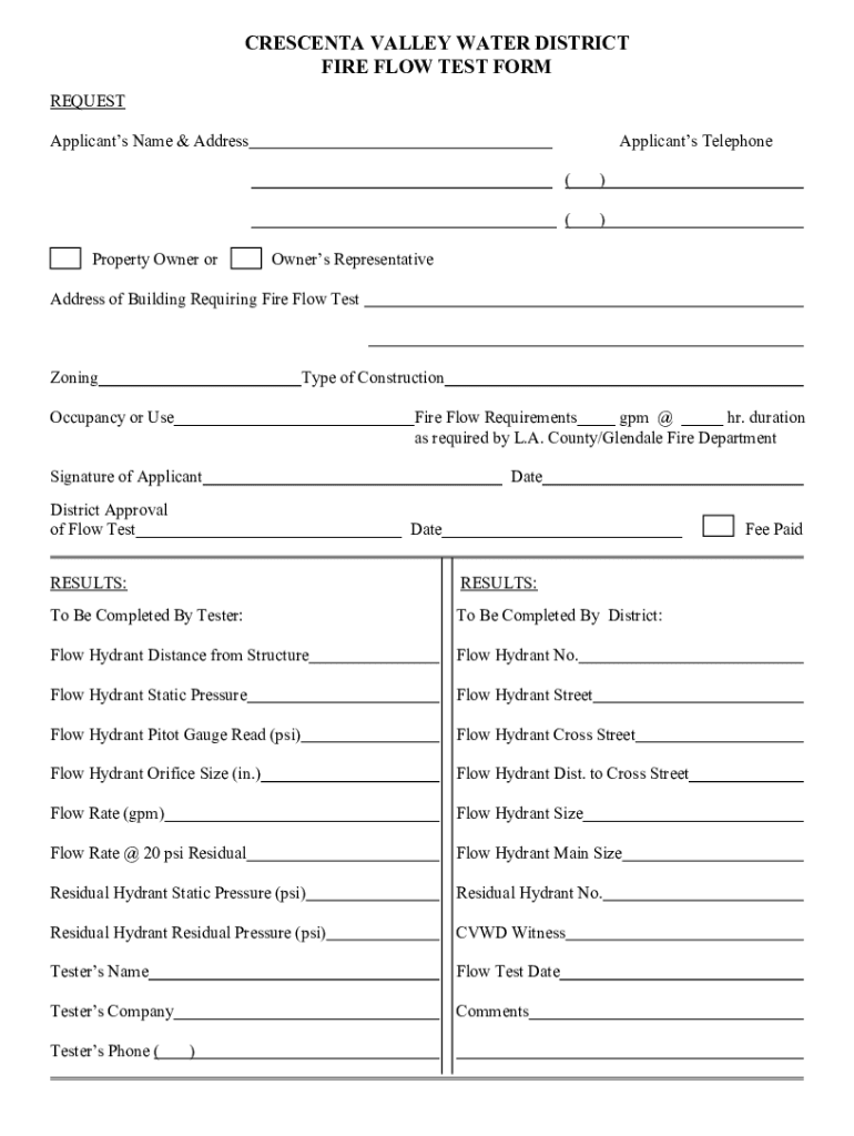 Fillable Online Crescenta Valley Water District Fire Flow Test Form Fax ...