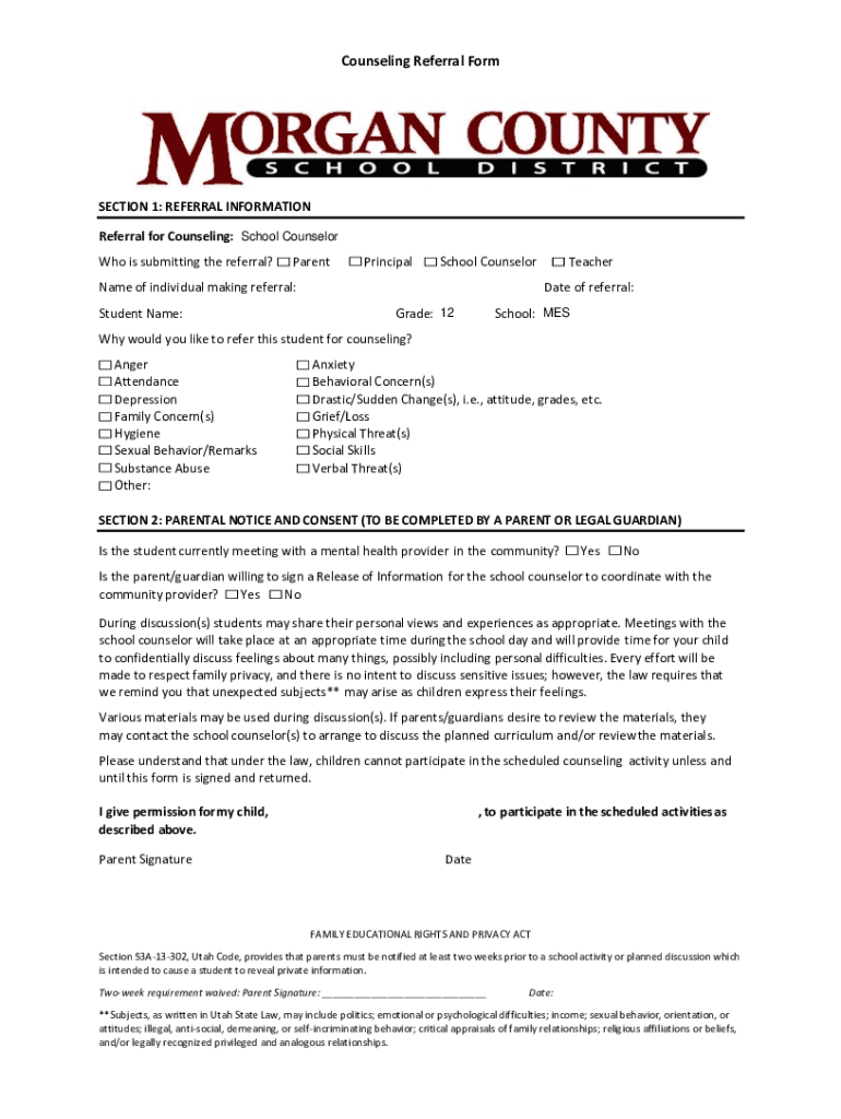 Fillable Online School Counseling / Counseling Referrals and Forms Fax Email Print - pdfFiller