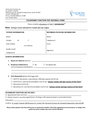 Fillable Online Pulmonary Function Test Referrral Form. pulmonary ...