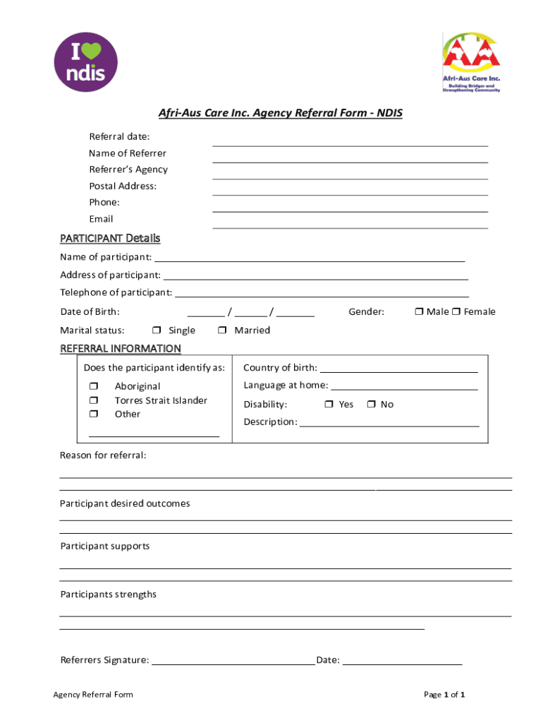 Fillable Online Afri-Aus Care Inc. Agency Referral Form - NDIS Fax ...