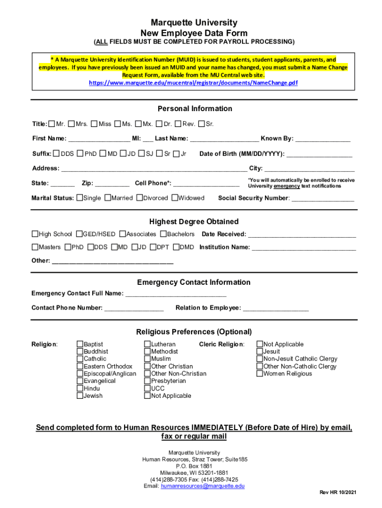 Fillable Online employee-data-form.pdf - Marquette University Fax Email ...