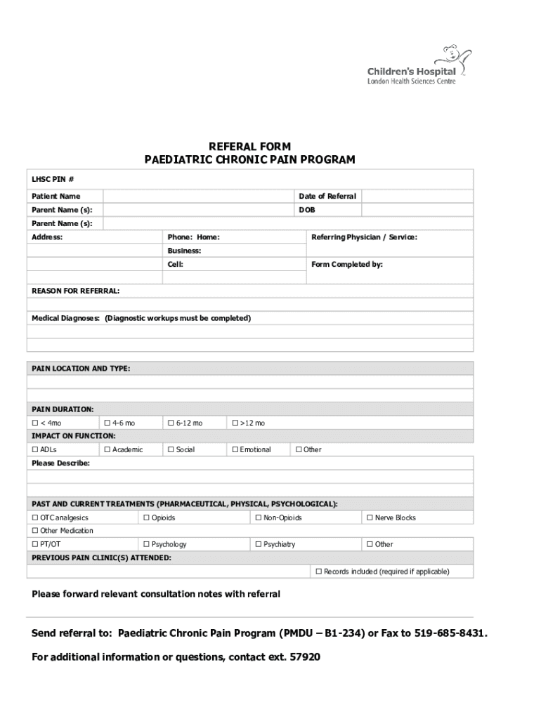 Fillable Online Pediatric Pain Management Clinic . Referral Request ...