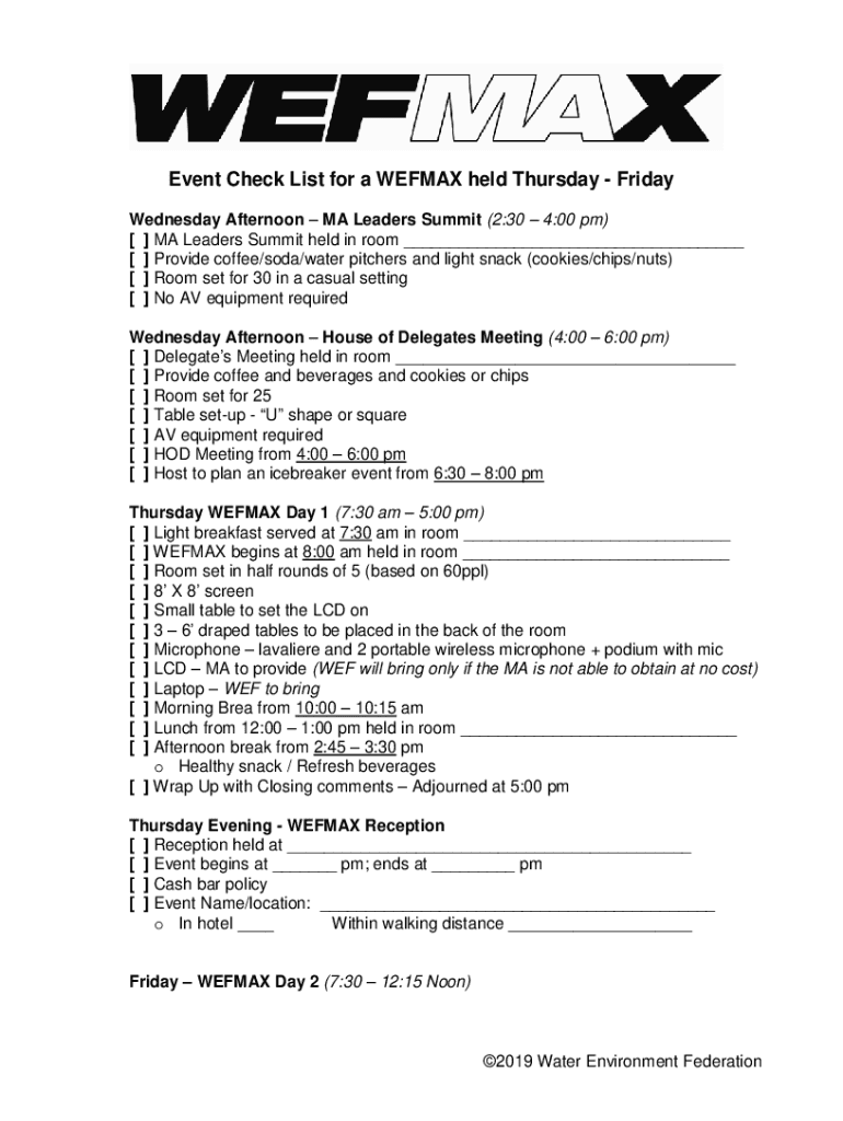 Fillable Online Event Check List for a WEFMAX held Thursday - Friday Fax Email Print - pdfFiller