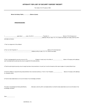 Fillable Online Affidavit For Lost Of Security Deposit Receipt ...