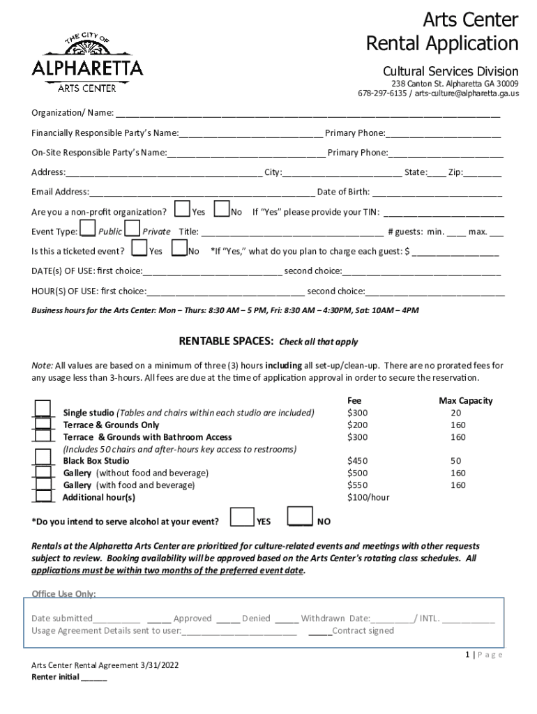 Fillable Online Arts Center Rental Application - City of Alpharetta Fax Email Print - pdfFiller