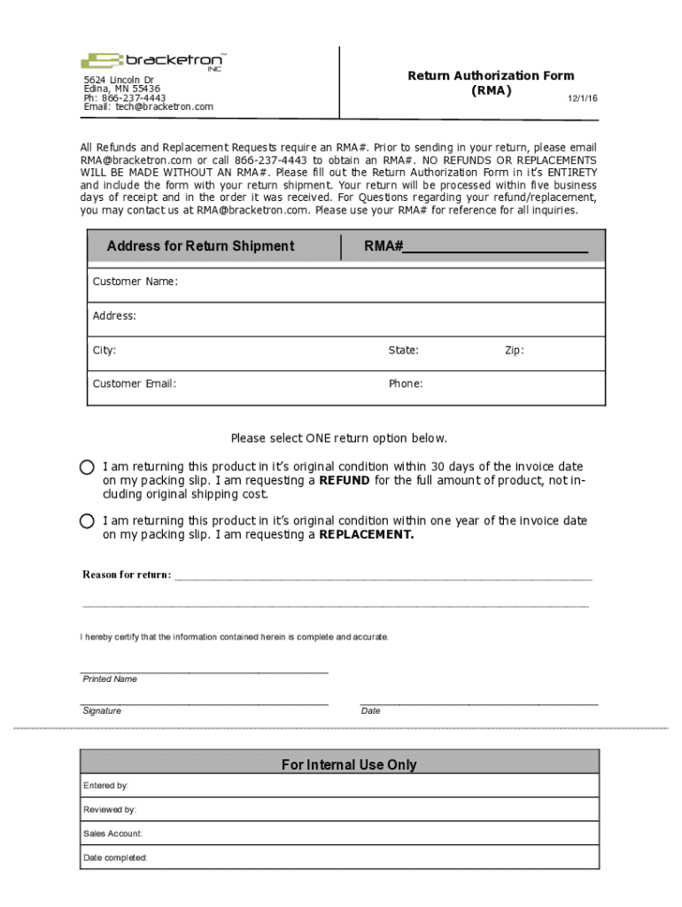 Fillable Online RMA Request Form - Return Merchandise Authorization ...