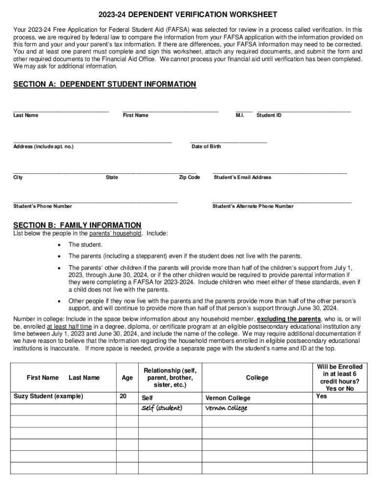 Fillable Online 2023-24 DEPENDENT VERIFICATION WORKSHEET SECTION A ...