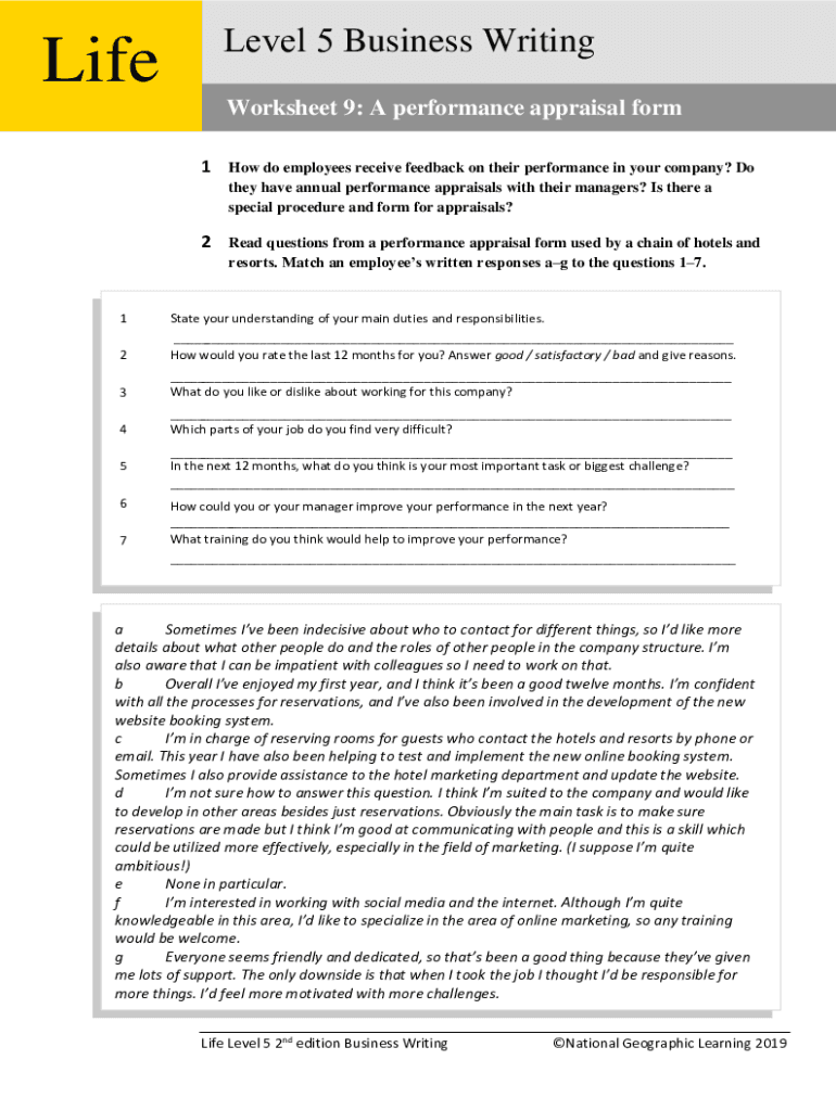 Fillable Online Level 5 Business Writing - Worksheet 9: A performance ...