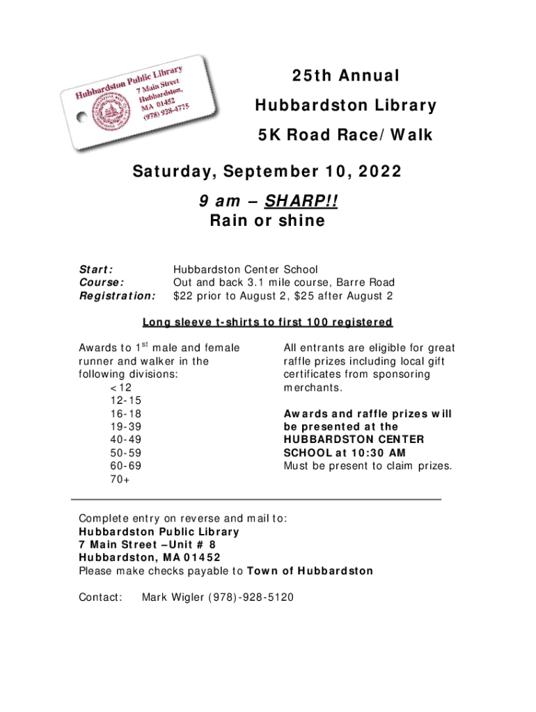 Fillable Online Hubbardston Library 5K Race/Walk to mark 25 years of ...