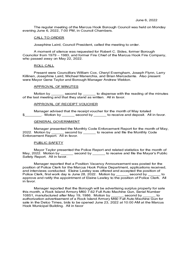 Fillable Online evening June 6, 2022, 7:00 PM, in Council Chambers Fax ...