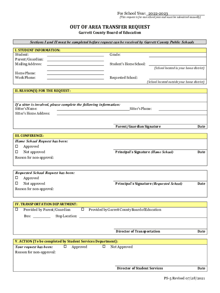 Fillable Online Out of Area Tranfer Request Form 2022-2023 Fax Email ...