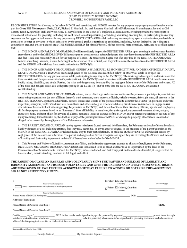 Fillable Online minor release and waiver of liability and indemnity ...