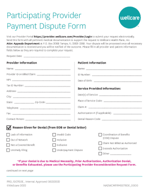 Fillable Online Participating Provider Payment Dispute Form Fax Email ...