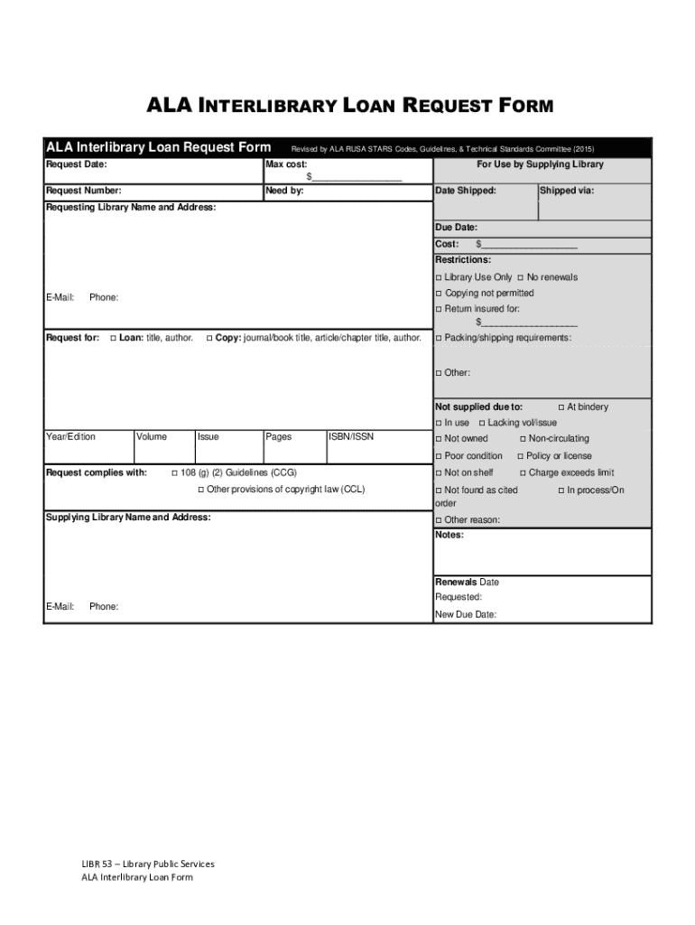 Fillable Online ALA INTERLIBRARY LOAN REQUEST FORM Fax Email Print ...