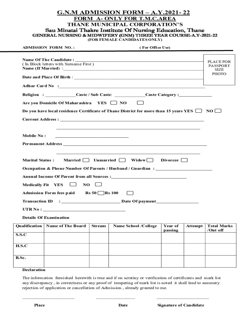 Fillable Online thanecity gov Form A - GNM Admission2021 - 22 TMC Fax ...
