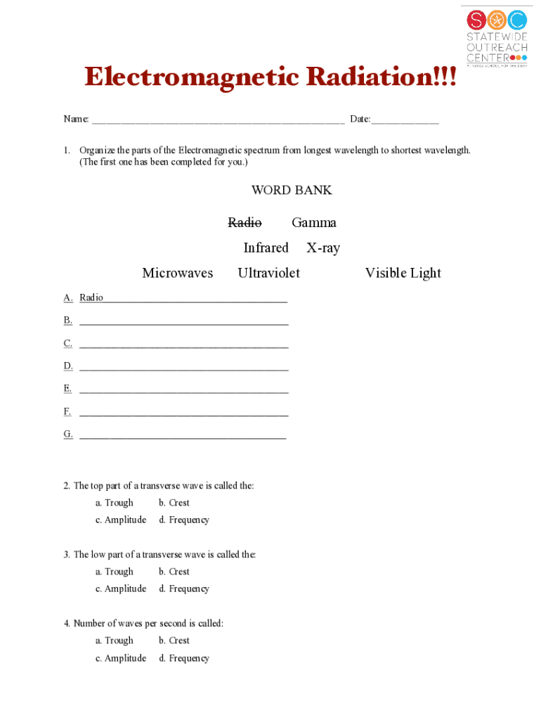 Fillable Online Identify the parts of the electromagnetic spectrum and ...