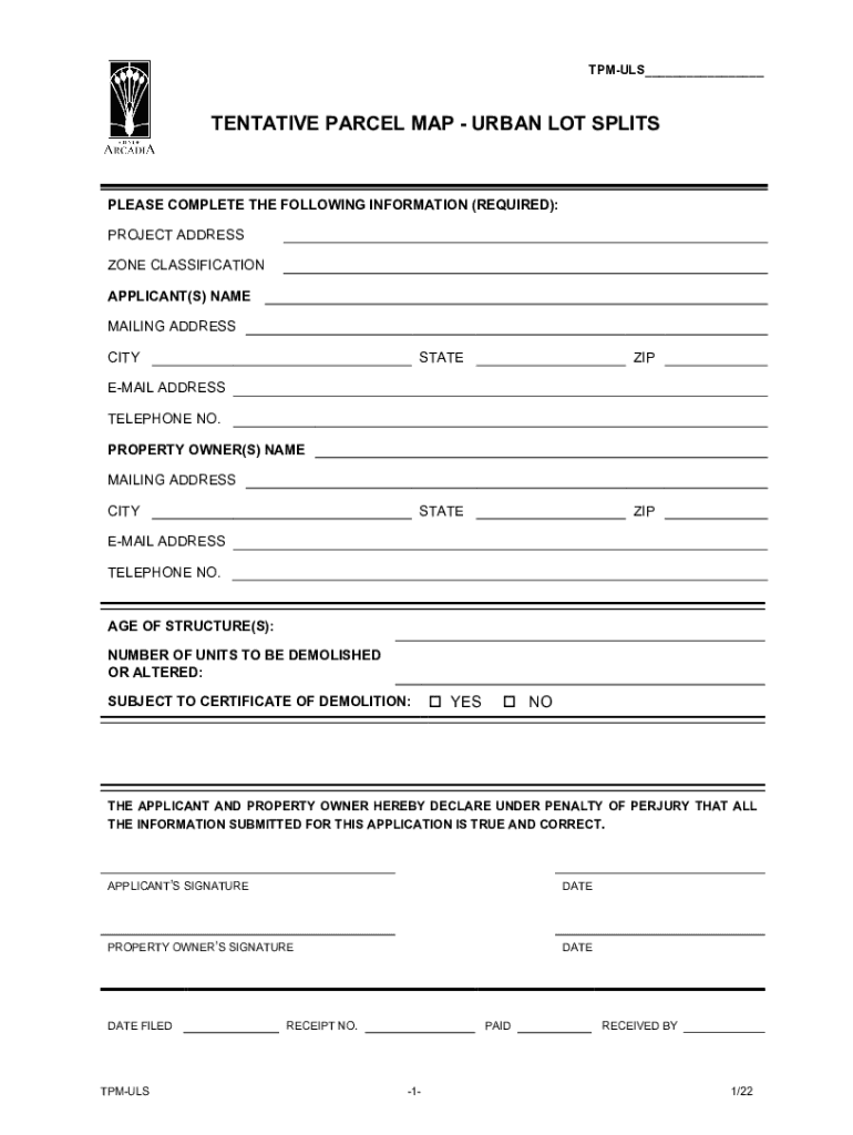 Fillable Online APPLICATION FOR PARCEL MAPURBAN LOT SPLIT SB 9 Fax ...