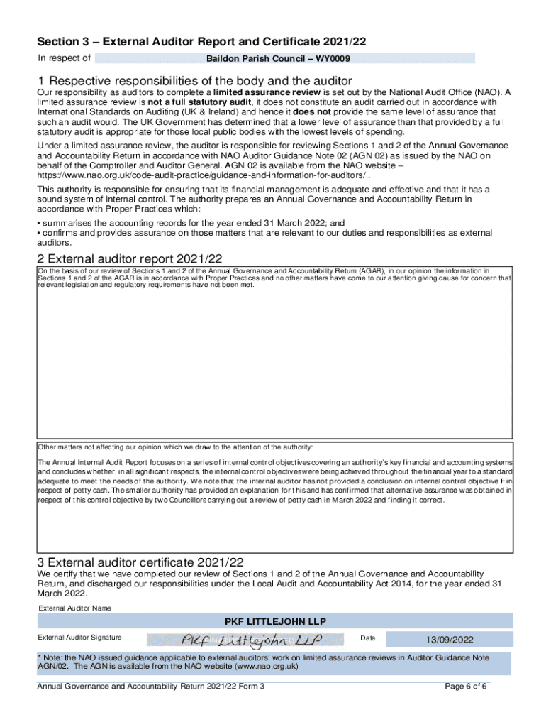 Fillable Online Section 3 External Auditor Report and Certificate 2021/ ...