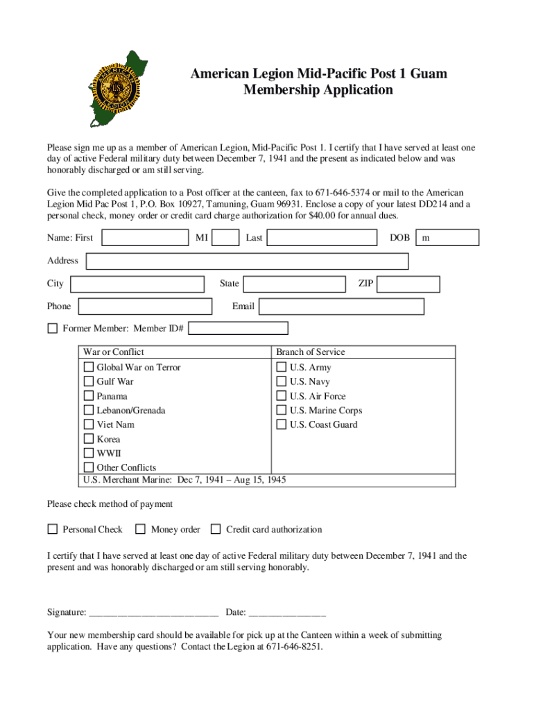 Fillable Online American Legion Mid-Pacific Post 1 Guam Membership ...