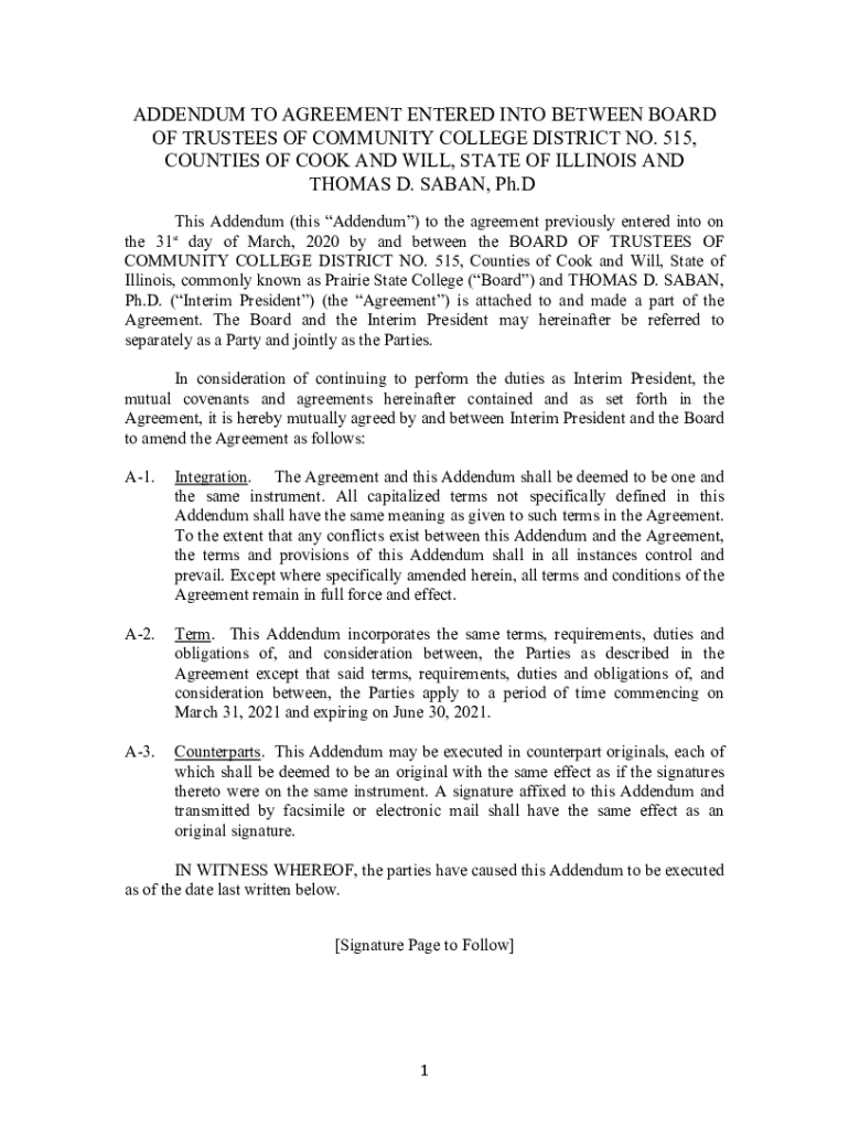 Fillable Online ADDENDUM TO AGREEMENT ENTERED INTO BETWEEN BOARD ...