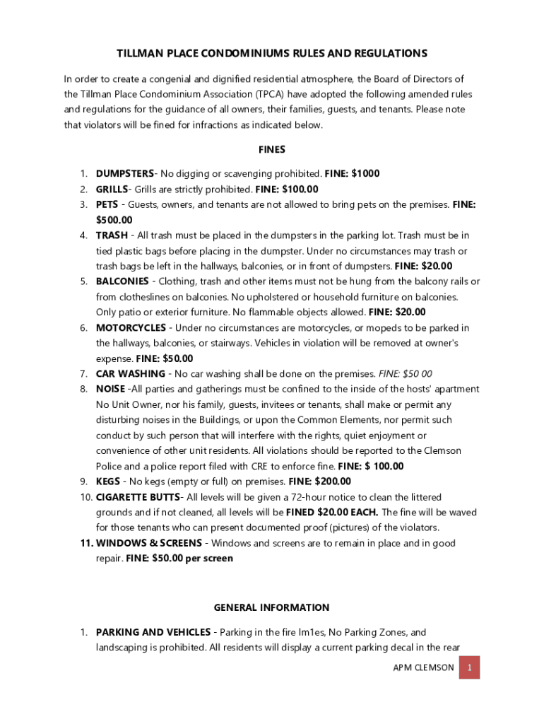 Fillable Online Tillman Place Condominiums Rules And Regulations Fax