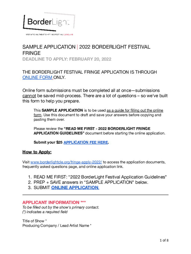 Fillable Online SAMPLE APPLICATION2022 BORDERLIGHT FESTIVAL ... Fax ...