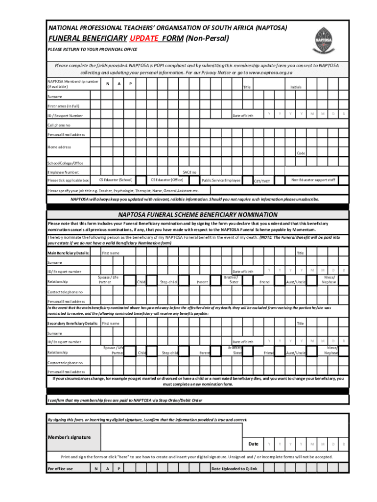 Fillable Online naptosa org FUNERAL BENEFICIARY UPDATE FORM (Non-Persal ...