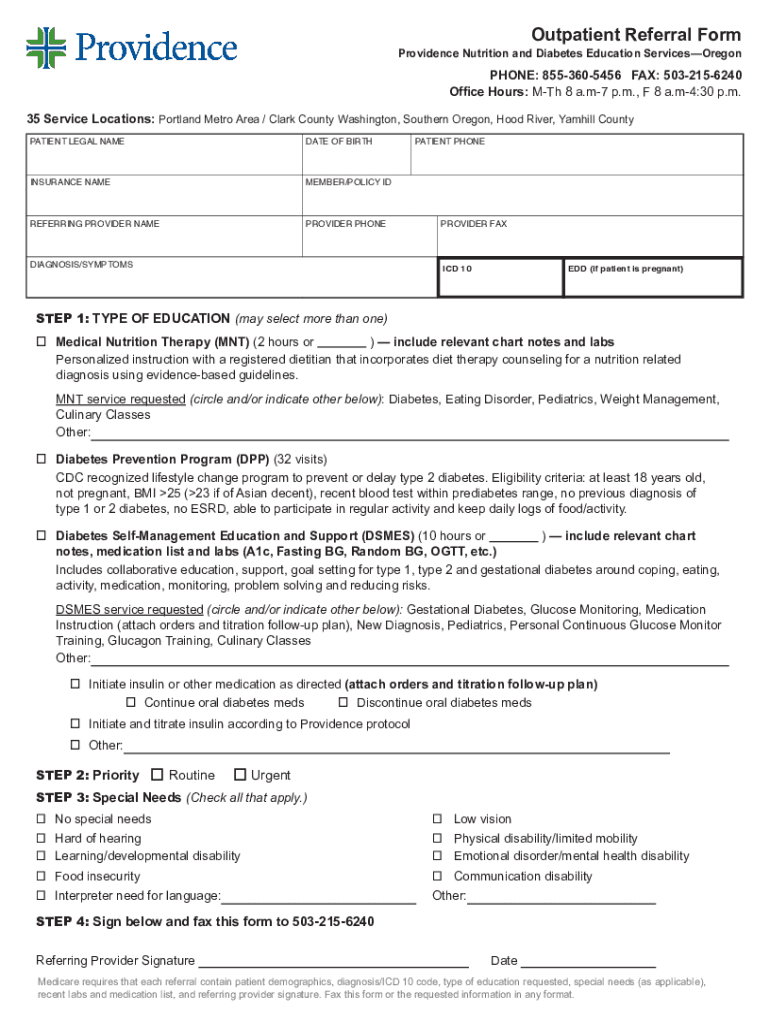 Fillable Online Outpatient Referral Form - Providence Nutrition and ...