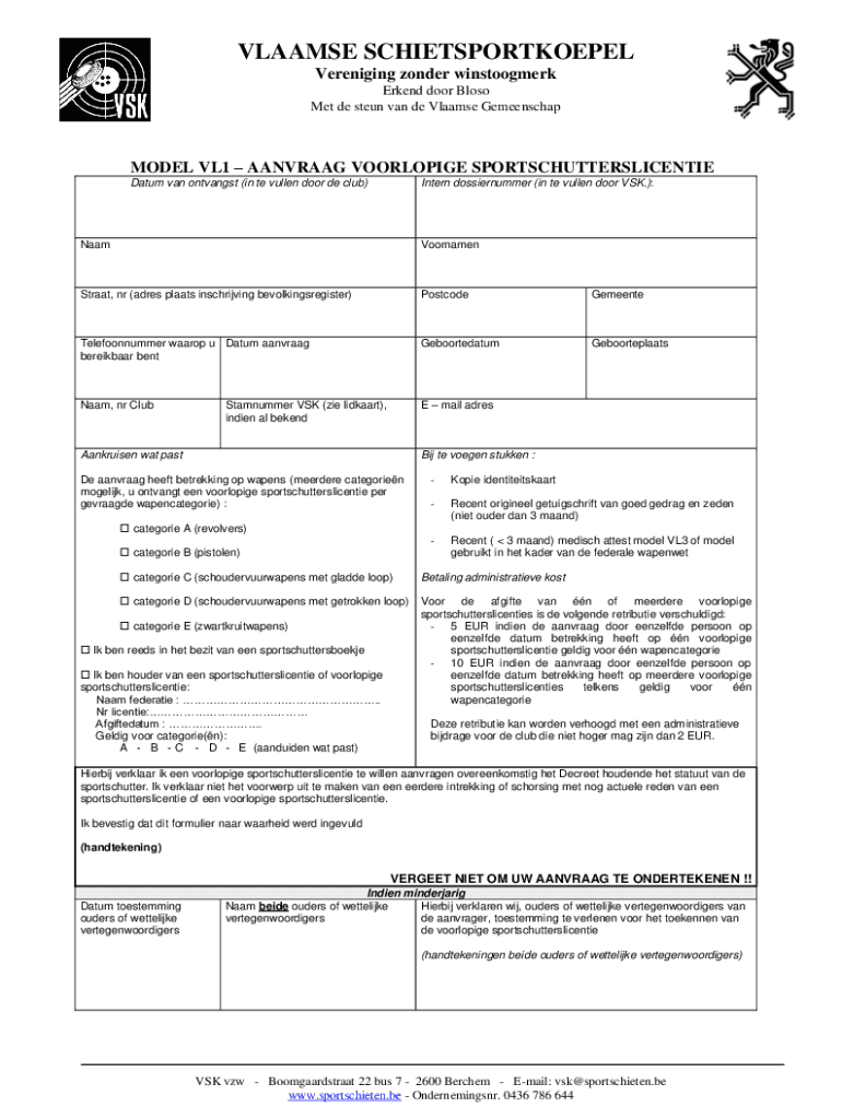 Invulbaar Online MODEL VL1 AANVRAAG VOORLOPIGE SPORTSCHUTTERSLICENTIE ...
