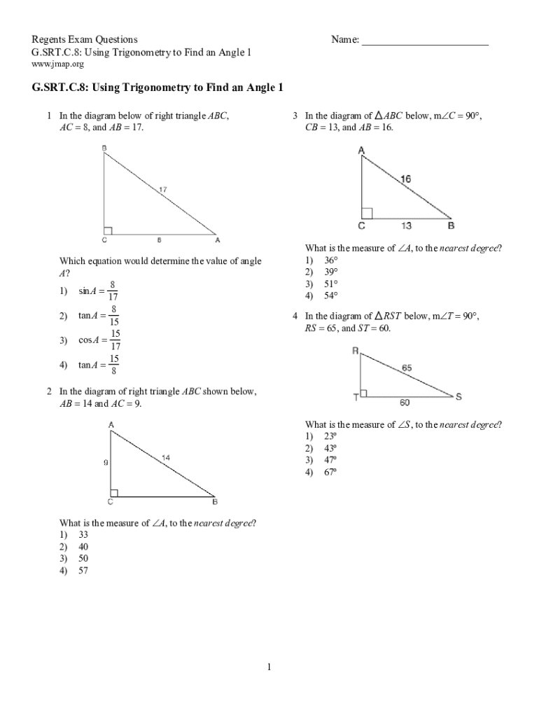 Fillable Online G.SRT.C.8: Using Trigonometry to Find an Angle 1 Fax ...