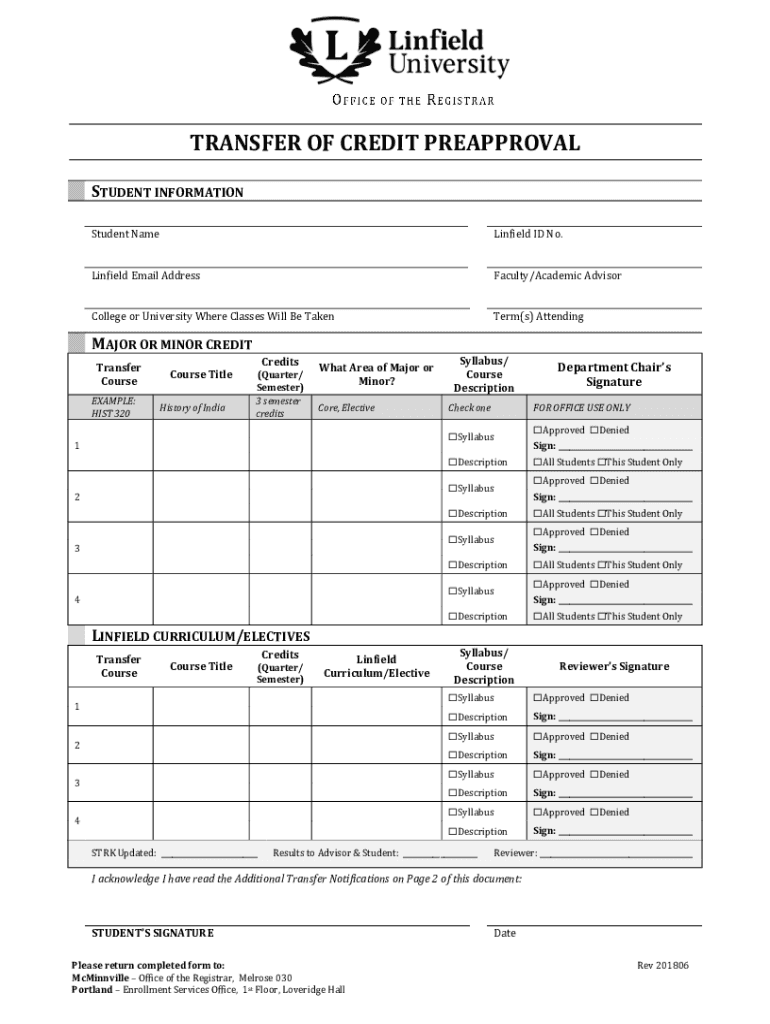 Fillable Online TRANSFER OF CREDIT PREAPPROVAL Fax Email Print - pdfFiller