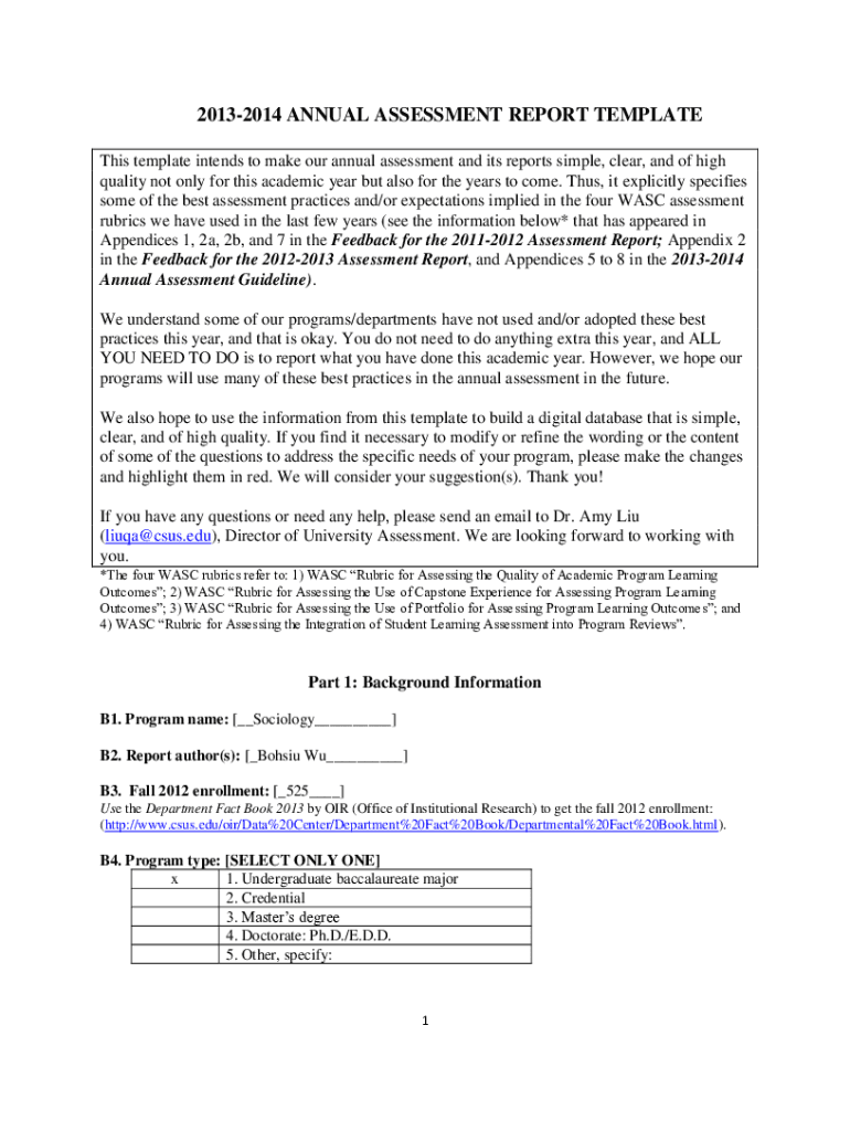 Fillable Online 2013-2014 ANNUAL ASSESSMENT REPORT TEMPLATE This ...