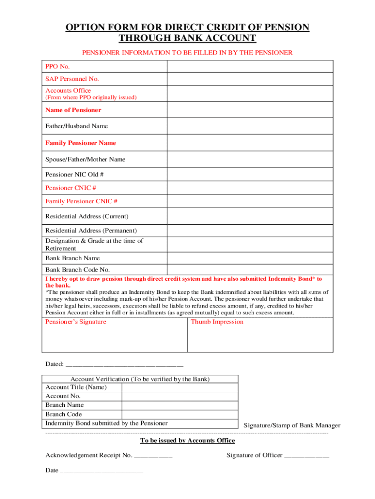 Fillable Online How To Fill Option Form For Direct Credit Of Pension ...